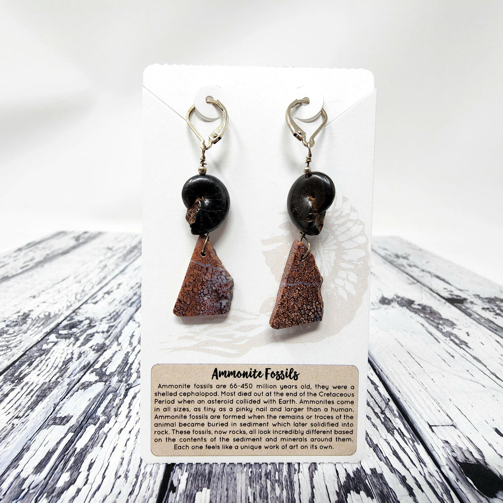 Ammonite Fossil and Gem Bone Agatized Dinosaur Bone Sterling Silver Ea ...